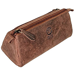 RUSTIC TOWN Leather Pencil Case - Zippered Pen Holder Pouch for School, Work & Office (Medium Brown)