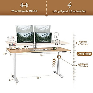 FinerCrafts Standing Desk 71" x 32" Inches Dual-Motor Height Adjustable Desk Electric Sit Stand Desk Home Office Desks Whole Piece Desk Board (Natural Maple Desktop/White Frame)