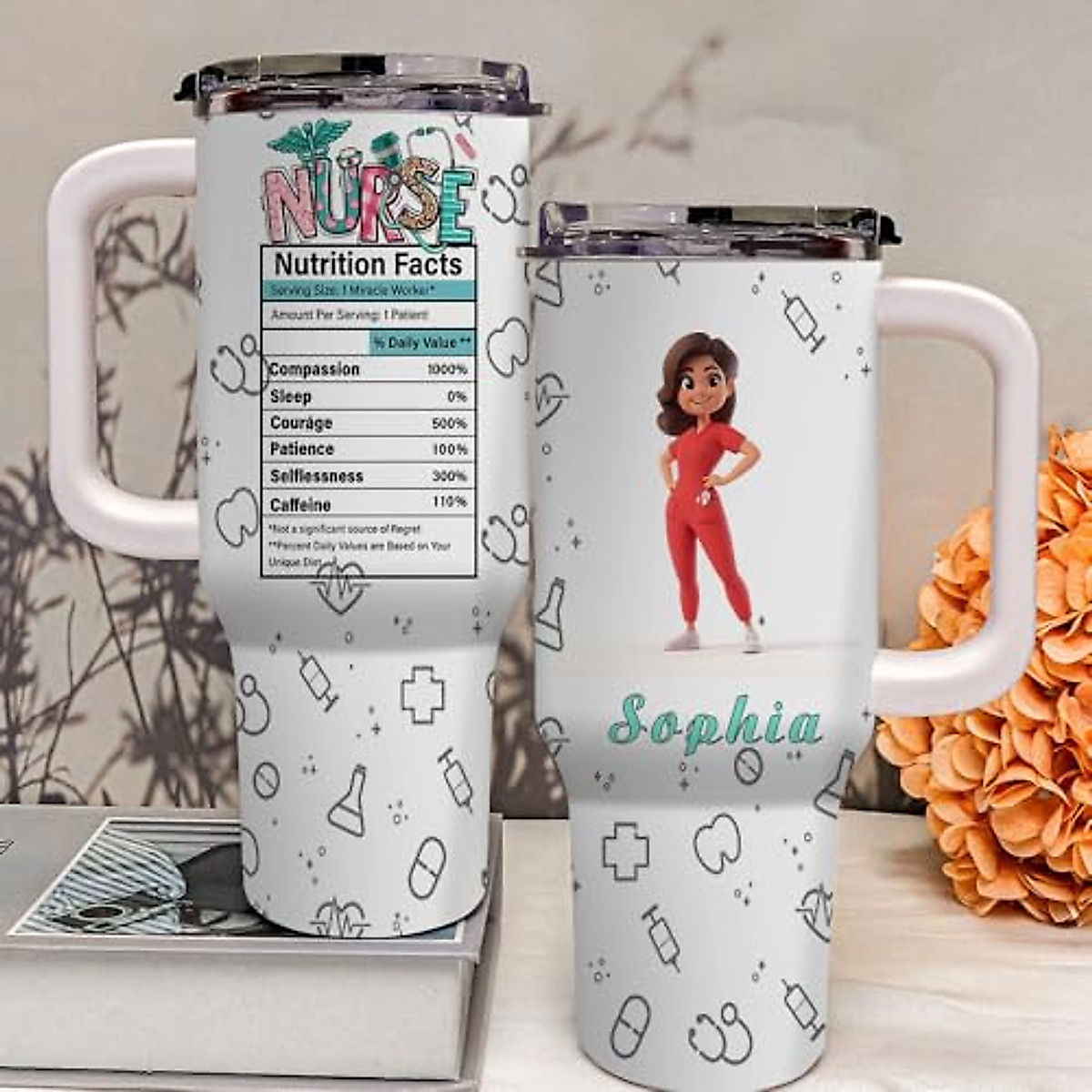 Personalized Nurse Tumbler 40oz -neurology-Custom Name Insulated Travel Mug with Handle & Straw, Gift for Nurses, Medical Workers, Appreciation, Mother's Day mr57D9