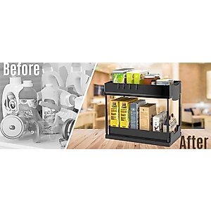 Chiaamo, Under Sink Organizers and Storage 2-Tier Sliding Shelf, 1 Sliding Organizer for countertop or Under The Sink with 4 Telescopic Tubes That Allows You to Adjust The Height to Your Need.