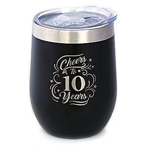 Cheers to 10 Years - Wine Tumbler Glass with Sliding Lid - Stainless Steel Insulated Mug - 10th Anniversary Gifts and Party Decor - Black