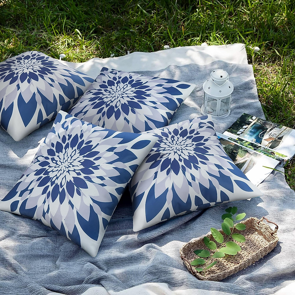 JASEN Outdoor Waterproof Pillow Covers, Blue Floral Outdoor Throw Pillow Cover Set of 4, Boho Double-Sided Decorative Outside Throw Pillows for Patio Furniture Porch Garden Couch Sunbrella