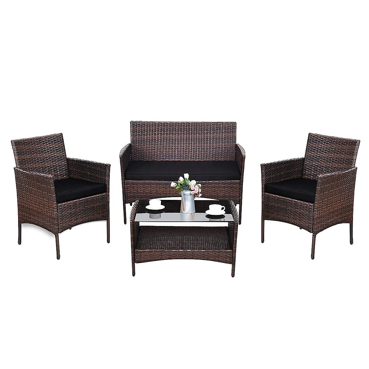 Tangkula Rattan Sofa 4 PCS Patio Wicker Furniture Set Outdoor Garden Lawn Poolside, OneSize, Beige