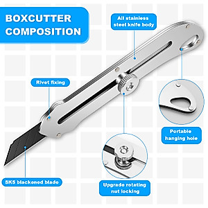 wapstibck 5 PACK Utility Knife Set, Stainless Steel Heavy Duty Multifunctional Retractable Box Cutter with 50 PCS SK5 Blades for Cardboard Packages Boxes Paper