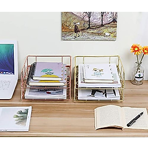 PAG Metal Stackable Letter Tray Desktop File Organizer Paper Holder Rack, 2 Pack, Gold