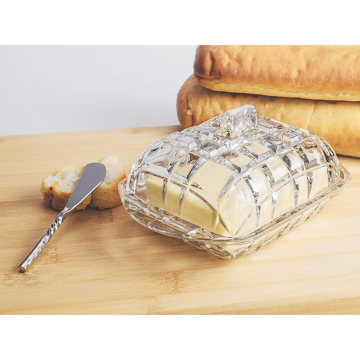 Butter Dish - Cheese Dish - Covered - Cut Crystal Glass - Rectangular - 6.8" Length - Made in Europe - by Barski