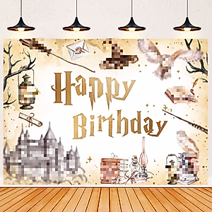 Wizard Happy Birthday Backdrop Magic School Castle Backdrop for Halloween Wizard Theme Photography Background Boys Girls Birthday Party Decoration Banner 7X5FT