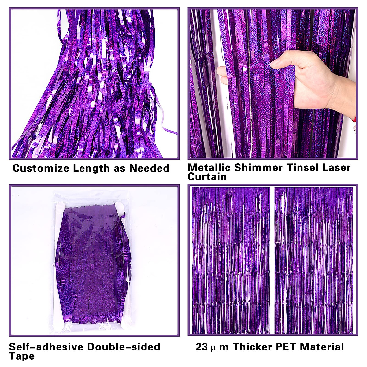 2 Pack 3.2ft x 8.2ft Purple Metallic Tinsel Foil Fringe Curtains, Large Photo Booth Backdrop Streamer Curtain for Party Door Wall Curtains Wedding Bachelorette Birthday Christmas New Year Decorations