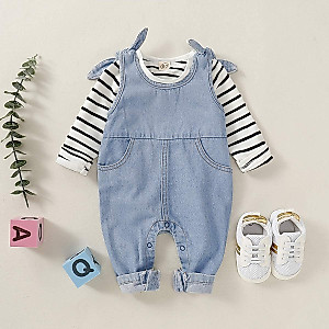 Newborn Baby Girl Clothes Infant Baby Fall Outfits Long Sleeve Stripe Shirt Denim Jumpsuit Romper Jean Overalls Baby Clothes 0-3 Months Unisex