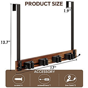 Rasdwt Broom Holder Over the Door, Wood Broom and Mop Rack, Over the Door Broom Holder, Drilling-Free Mop and Broom Holder with 2 Hooks for Garage, Laundry Room Broom Hanger and Storage Tool, Brown