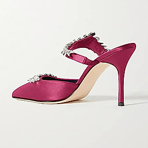 FOWT Women’s Studded Crystals Stiletto High Heel Slippers,Backless Slip On Makeup Party Pumps for Lady,Pointy Toe Satin Evening Dress Party Shoes