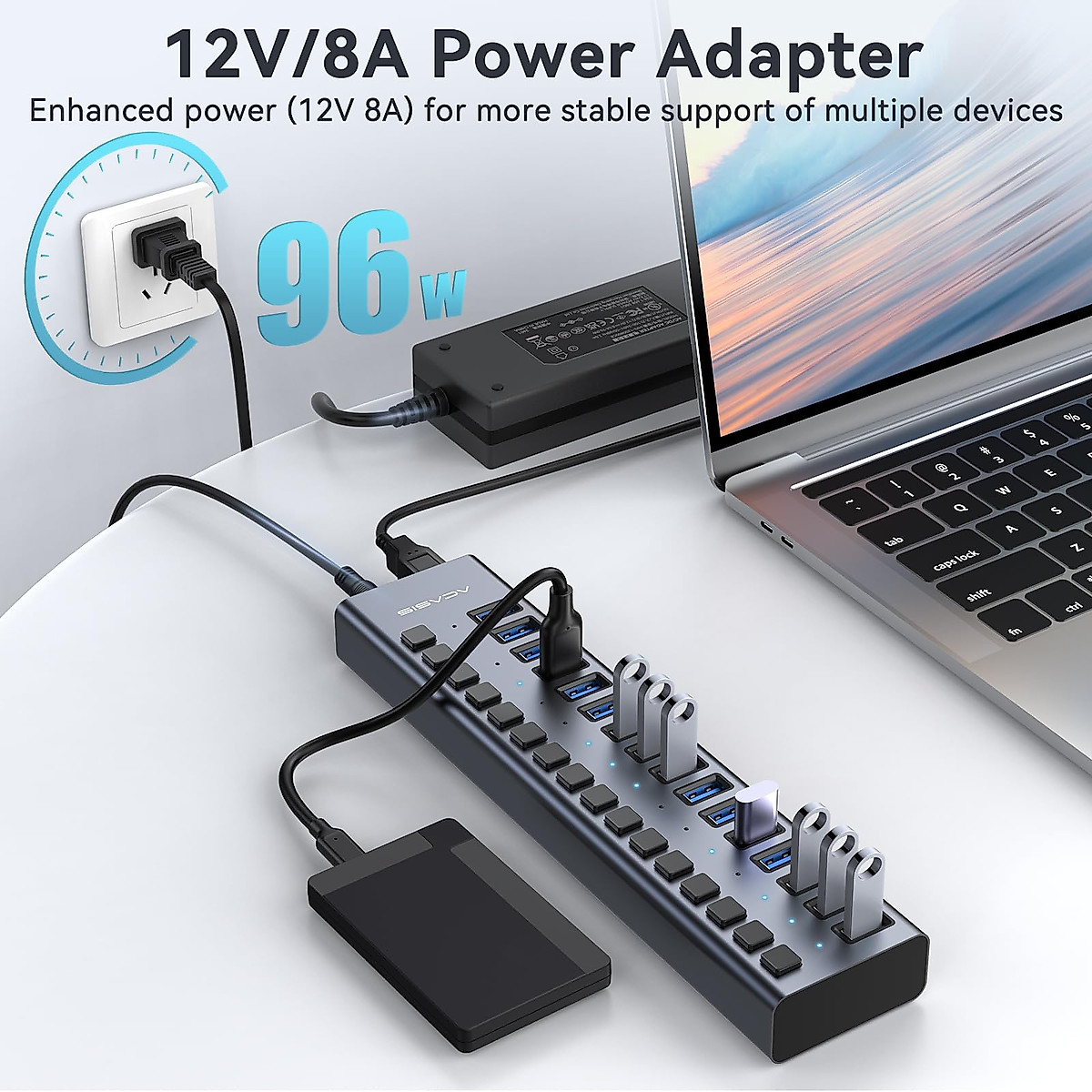 Powered USB 3.1 Hub, ACASIS 16 Ports USB 3.1 Hub with 10Gbps Data Speed，Aluminum Housing, USB Hub Powered with 96W Power Adapter, USB Hub for PC/Laptop, Computer, Flash Drive, Printer, Camera