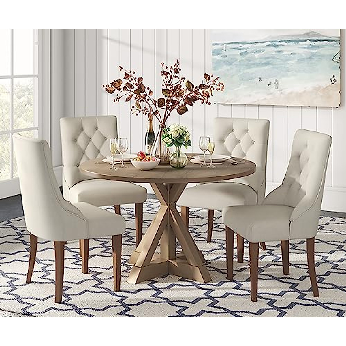 Finch Elmhurst Modern Button-Tufted Dining Chair, Elegant High Back Upholstered Fabric Accent, Set of Two, Cream