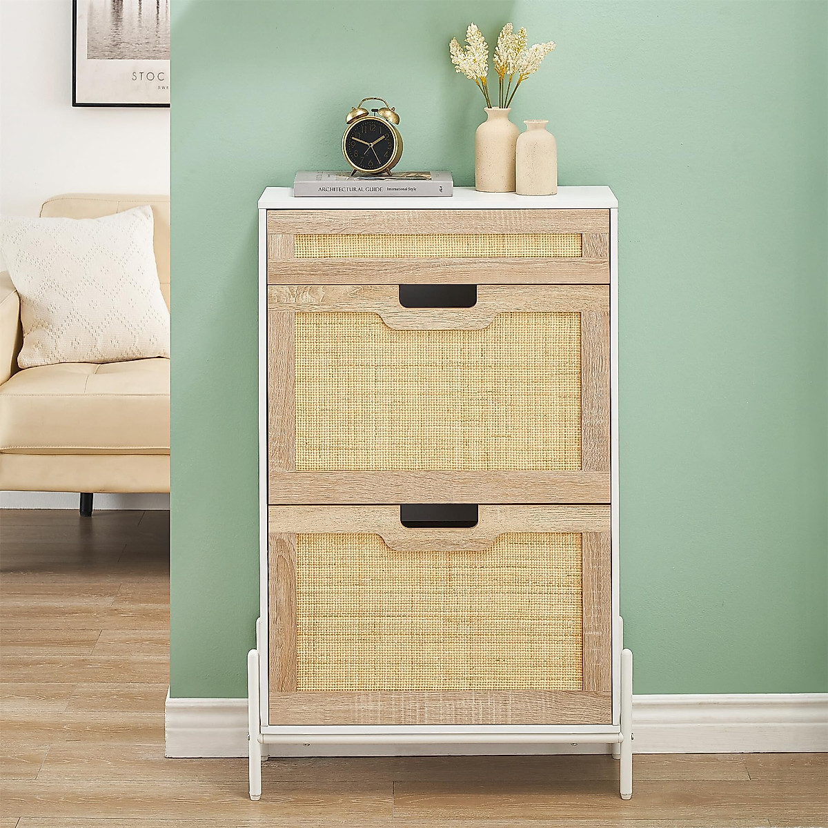 GAOMON Rattan Shoe Storage Cabinet with 2 Flip Door and 1 Drawer, Freestanding Shoe Organizer Rack for Entryway, Hidden Shoe Cabinet with 3-Tier Adjustable Shelves for Hallway Living Room (White)