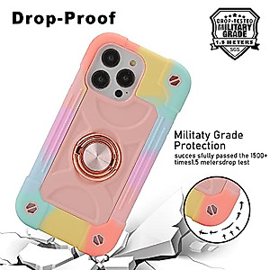 XBO Compatible with iPhone 14 Pro Max Case for Women, Heavy-Duty Military Grade Shockproof Phone Cover with Adjustable Ring Kickstand for iPhone 6.7 2022 Accessories - Colorful Pink