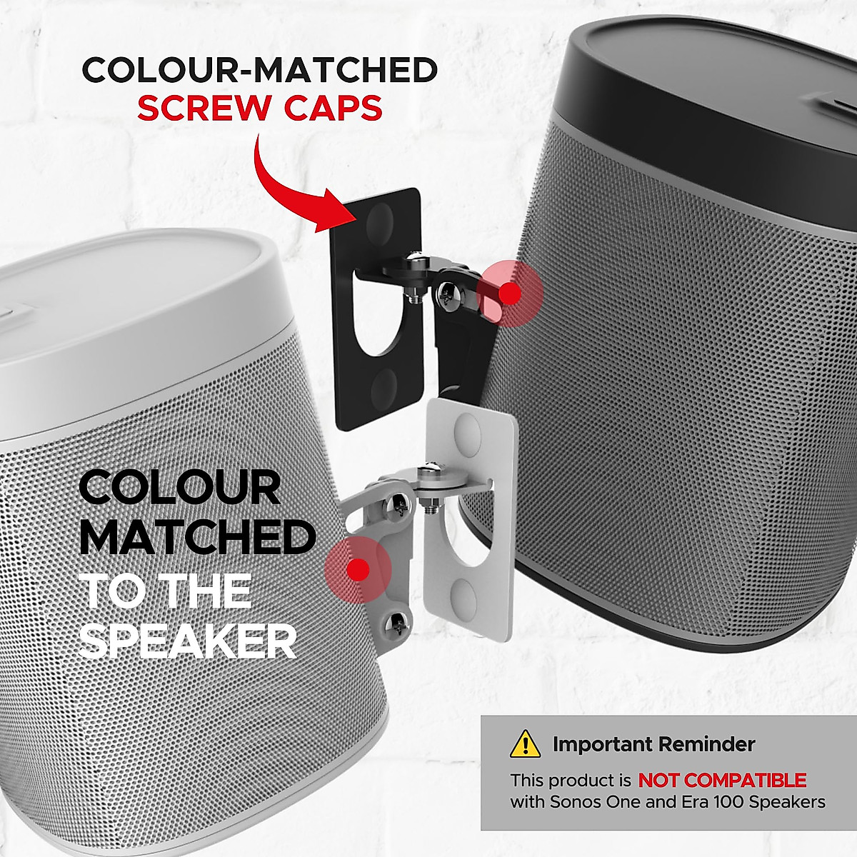 Play 1 Wall Mount, Black, Pair, Compatible with Sonos Play:1 Only, Twin Pack, Adjustable Swivel & Tilt Mechanism, 2 Mounting Brackets Includes All Fixings