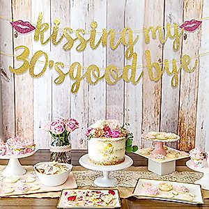 Kissing My 30's Goodbye Banner, 40th Birthday Party Decorations, 40 Years Old Birthday Decor, Lips Sign (Gold Glitter)