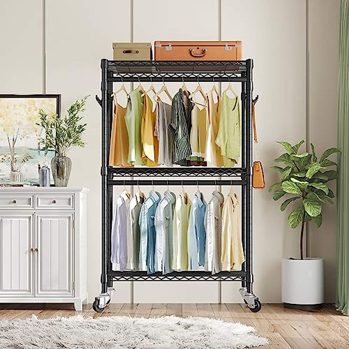 VIPEK V12 Medium Heavy Duty Rolling Garment Rack 3 Tiers Adjustable Clothes Rack with Double Rods & Hooks, Freestanding Wardrobe Closet Storage Rack Metal Clothing Rack for Hanging Clothes, Black