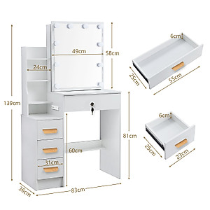 Makeup Vanity Table Set with Mirror and Lights, Vanity Desk with Power Strip, Dressing Table Set with 4 Large Drawers, White