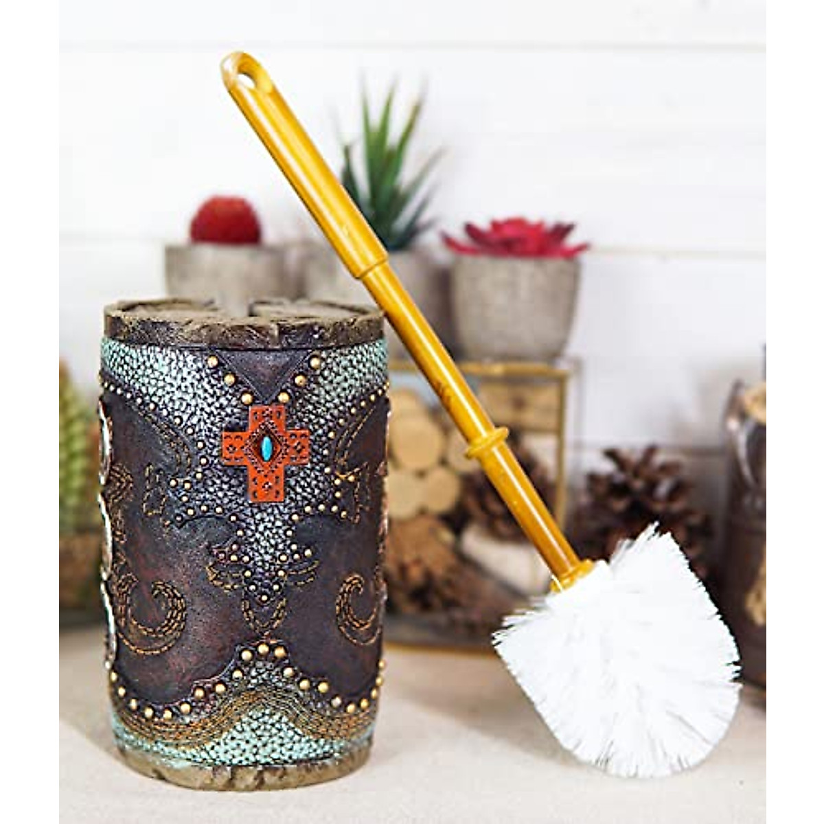 Ebros Gift Rustic Vintage Western Turquoise Faux Tooled Leather Triple Horseshoes and Cross Cowboy Toilet Bowl Cleaner Brush and Base Holder Set Bathroom Vanity Powder Room Office Accessory