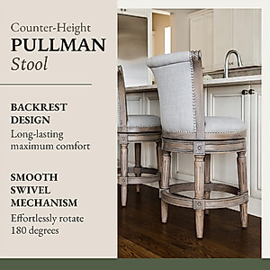 Maven Lane Pullman 26 Inch Tall Counter Height Upholstered Barstool with Back in Reclaimed Oak Finish with Ash Grey Fabric Cushion Seat, Set of 3