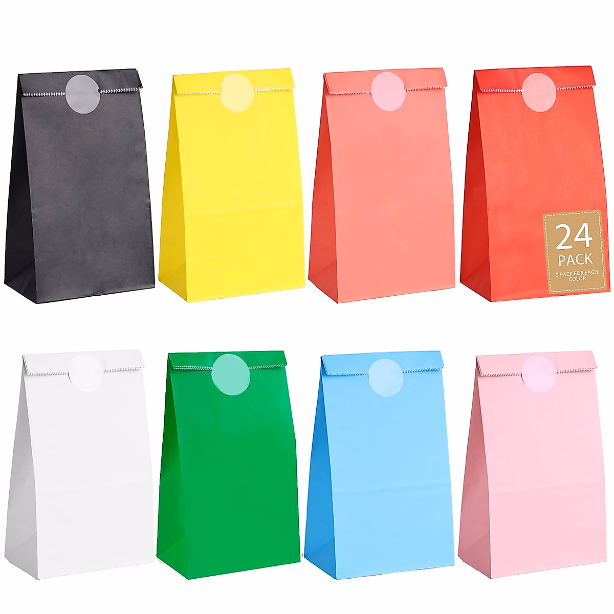 JOHOUSE 24PCS Party Favor Paper Bags, 8 Colors Gift Bags with Stickers Treat Bag Goody Bags for Wedding Birthday Baby Shower