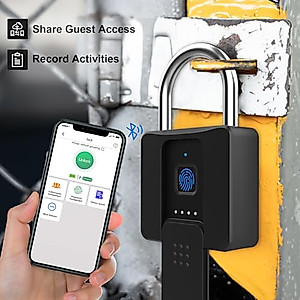 Fingerprint Padlock with Key Backup, Dhiedas Pad Lock with Fingerprint Bluetooth Key Waterproof Heavy Duty Combination Lock for Outdoor Fence Gate Shed Warehouse Gym Storage Yard