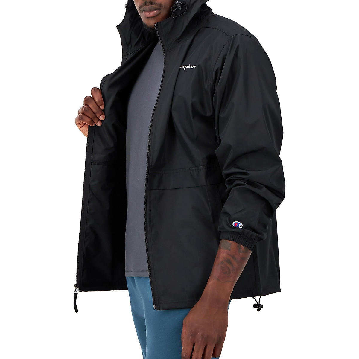 Champion, Stadium Full-Zip, Wind, Water Resistant Jacket for Men, Black Small Script