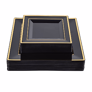 N9R 60 Pack Black Square Plastic Plates with Gold Rim Include 30 Disposable Dinner Plates 9.5 Inch and 30 Dessert Plates 6.5 Inch, Fancy Plates for Party, Wedding, Halloween and Daily Use