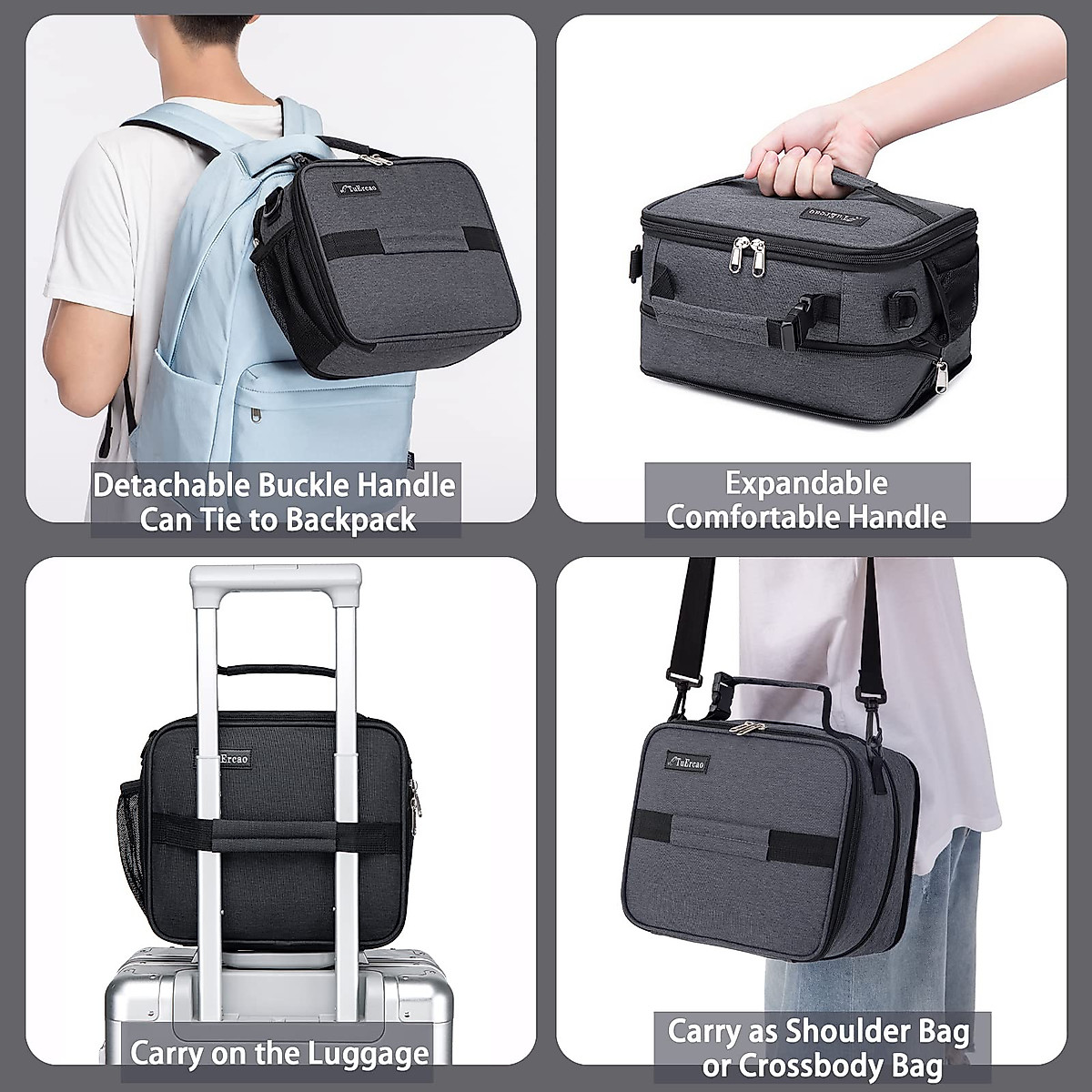 TuErCao Lunch Box for Men Women Adult Insulated Lunch Bag for Kids for School, Reusable Portable Soft Cooler Bag for Picnic Car Travel Road Trips, Dark Grey