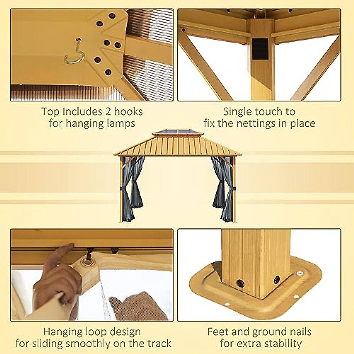 Outsunny 10' x 12' Hardtop Gazebo Canopy with Galvanized Steel Double Roof, Skylight Window, Aluminum Frame, Outdoor Permanent Pavilion with Netting, for Patio, Garden, Backyard, Yellow