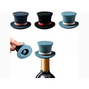 Funny And Classy Wine Stopper Silicone Decorative Hat, Reusable Gentleman Hat Cork for Whisky, Gin, Vodka, Tequila, Beer, Champagne, Magic Wine Preserver Gift for Wine Lovers (3PK- Black, Green, Blue)
