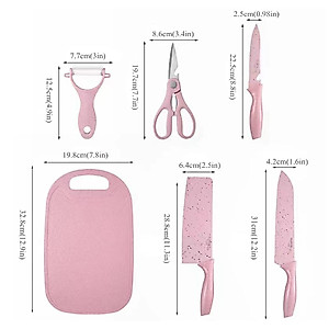 Knife Set of 7, Professional Stainless Steel Japanese Kitchen Knife Set with Cutting Board and Acrylic Stand, Non-Stick Coating Cooking Knife with Gift Box for Women Gifts (Pink)