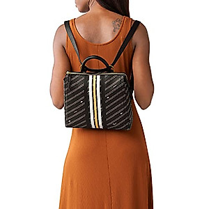 Fossil Women's Parker Faux Leather Convertible Small Backpack Purse Handbag, Black/Bone Signature Print