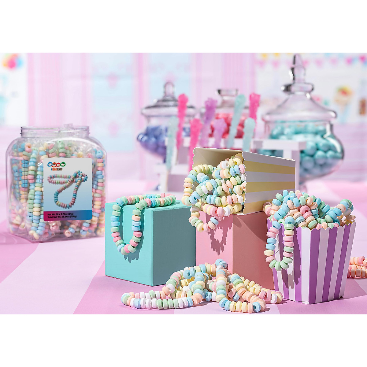 36 Candy Necklaces Individually Wrapped, Choker Style, Nostalgic Pastel Candy Jewelry Perfect for Party Favors, Pinata Fillers and Goodie Bags, Packed in a Convenient Display Tub, By 4YoreElves