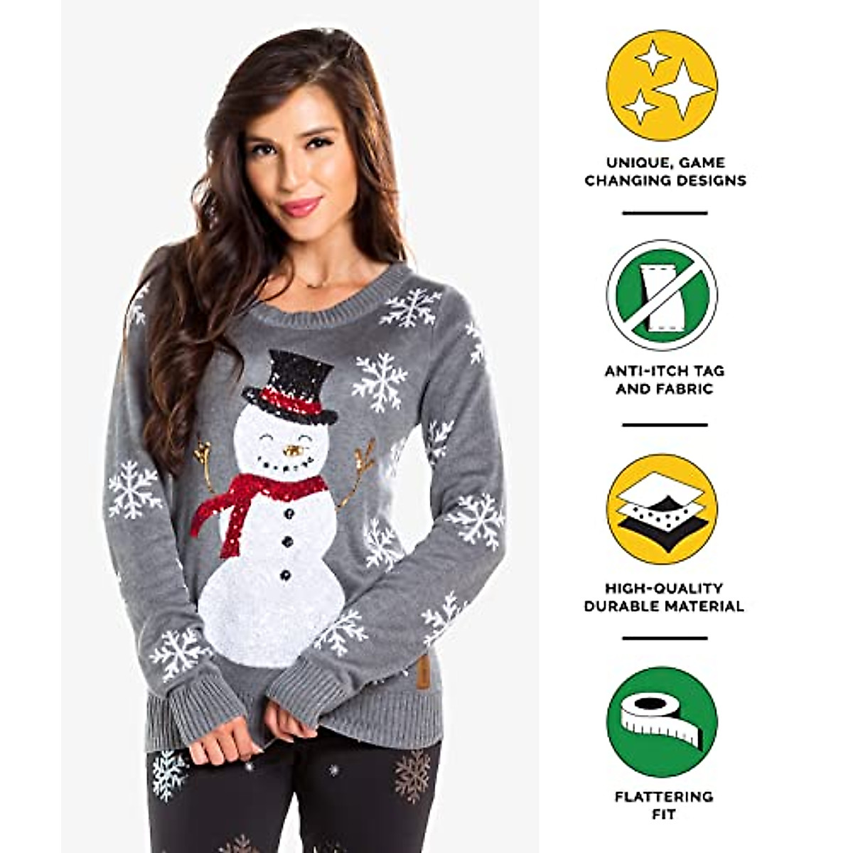 Tipsy Elves Women's Gray Sequin Snowman Christmas Neck Sweater Long Sleeve Sequin Snowman (Grey) XX-Large
