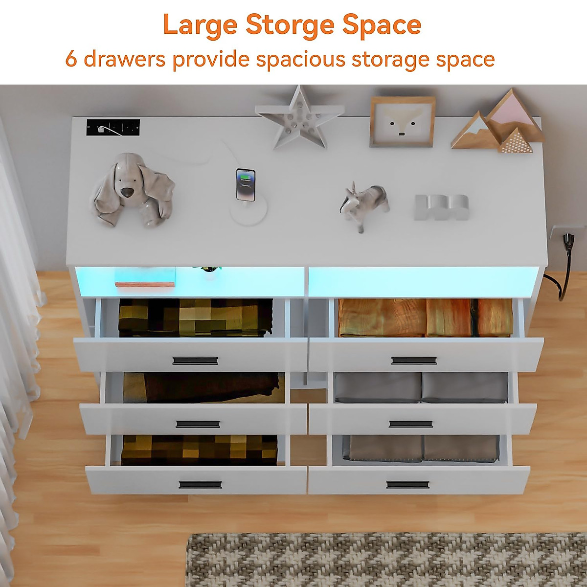 FJTJBSI Dresser with Power Outlets and LED Lights Wooden 6 Drawer Dresser with Large Organizer Tall White Dresser for Bedroom Chest of Drawers Closet Modern Dresser for Living Room Kids Room Hallway