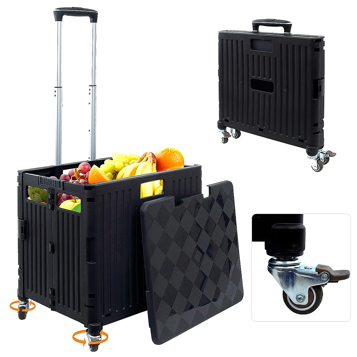 Foldable Utility Cart with Wheels, Collapsible Rolling Cart with Telescoping Handle, 360°Rotate Wheel Folding Utility Cart for Storage Office Use