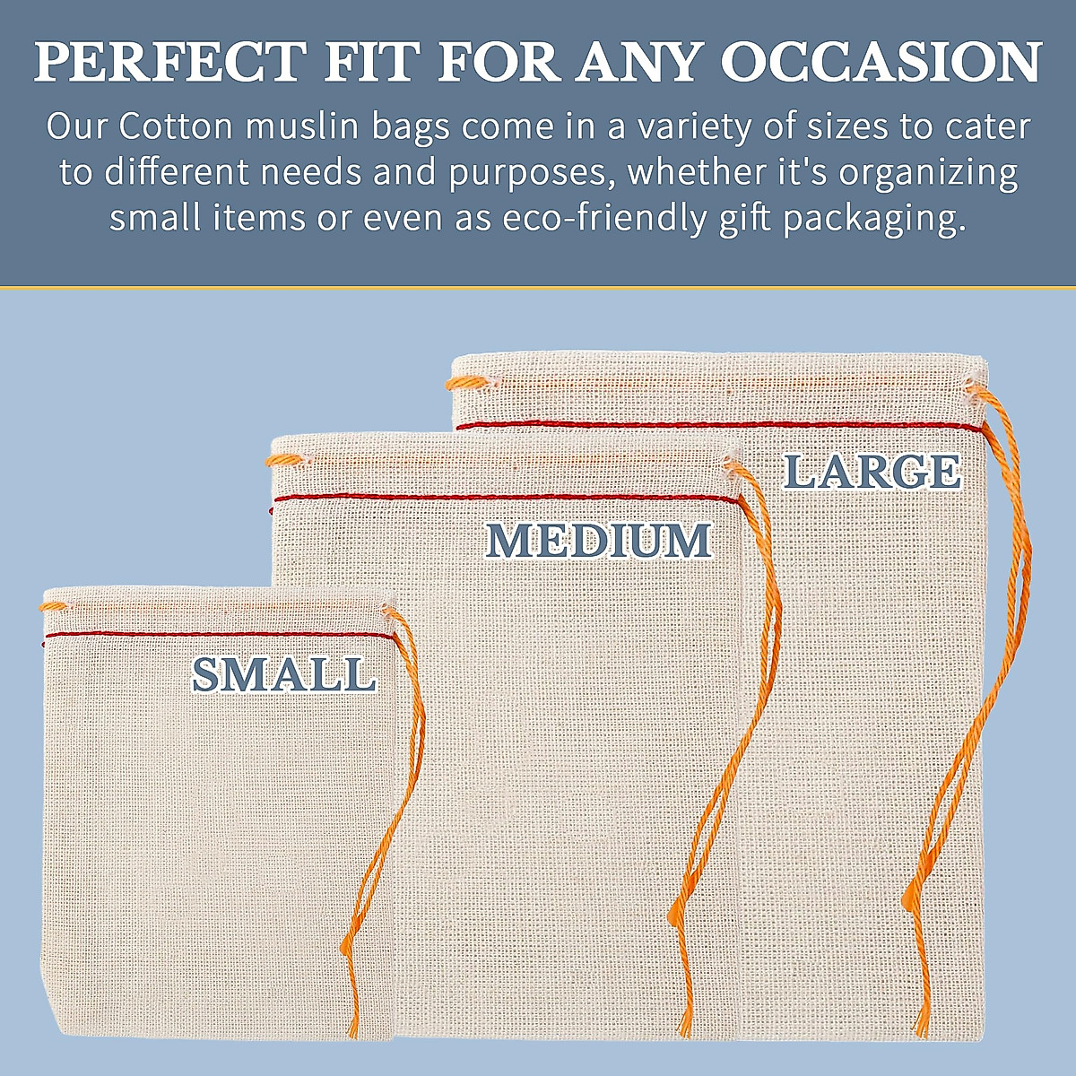 Made in the USA Cotton Muslin Drawstring Bags 50 (Red Hem Orange Drawstring, 4x6)