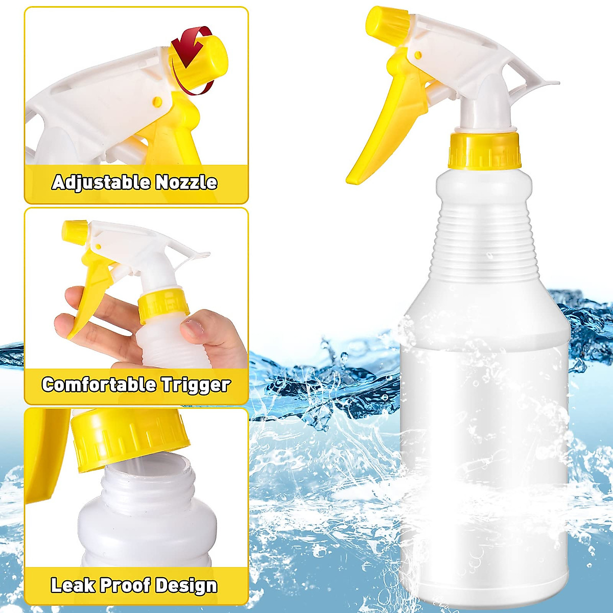 Yaomiao 12 Pcs Empty Spray Bottles 16 oz Plastic Spray Bottles Leak Proof Spray Bottles Squirt Bottle with Adjustable Yellow Nozzle Refillable Water Spray Bottle for Hair Home Cleaning Industrial Use