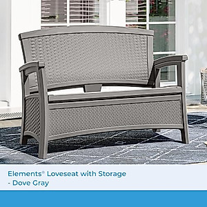Suncast Elements Outdoor Resin Loveseat with 23-Gal. Storage Area, Modern Storage Sofa for Patios, 47" W x 29.75" D x 35.5" H, Gray