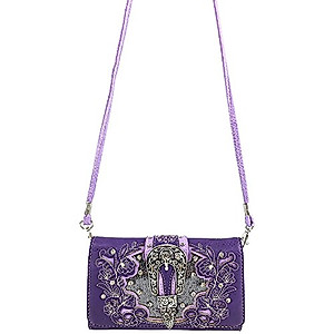 Justin West Tooled Floral Embroidery Buckle Studded Concealed Carry Tote Purse (Purple Wallet Only)