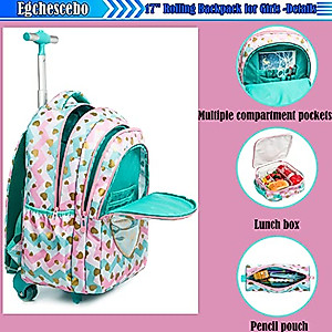 Egchescebo Girls Rolling Backpacks with Wheels 3PCS Heart Backpack Set for School Wheeled Luggage Suitcase Lunch Box Pencil Case Large Capacity Bookbag Adjustable Trolley for Elementary Travel Pink