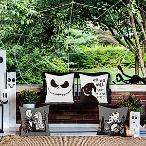 4Pcs Halloween Jack and Sally Christmas Pillow Covers 18x18 Inch Horror Cartoon Skull Throw Pillow Case Decorations Linen Decorative Square Cushion Covers for Home Sofa Couch Bed