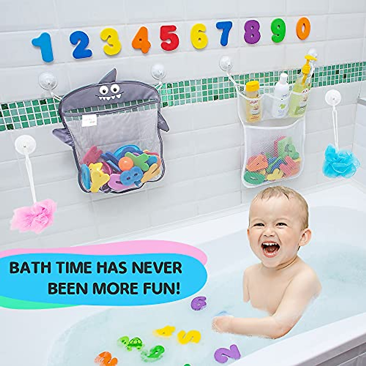 Comfylife Baby Bath Toy Organizer - Shark +36 Bath Letters & Numbers +Extra Bath Toy Storage Net & 10 Strong Hooks, Great Bath Net for Kids, Cute Bathtub Toy Organizer and Bath/Shower Caddy Solution