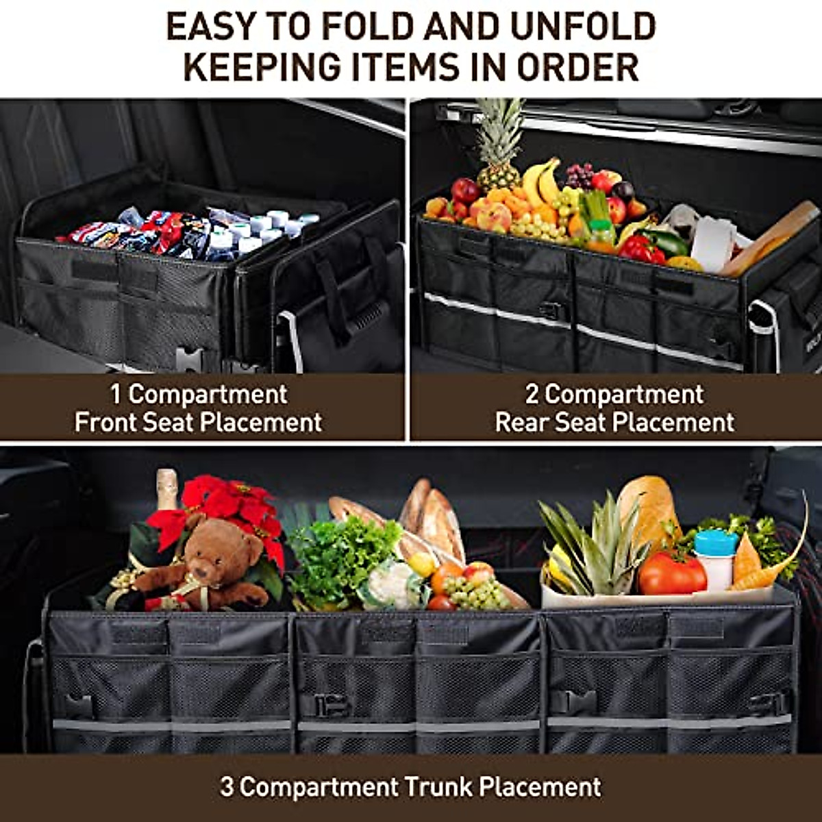 HIRALIY 4 in 1 Car Trunk Storage Organizer, Multi Compartment Collapsible Trunk Storage Box with Leakproof Insulated Bag for Car Truck SUV