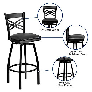 Flash Furniture Hercules Series "X" Back Metal Restaurant Barstool, Modern Upholstered Armless Bar Height Chair for Restaurants and Kitchens, Black
