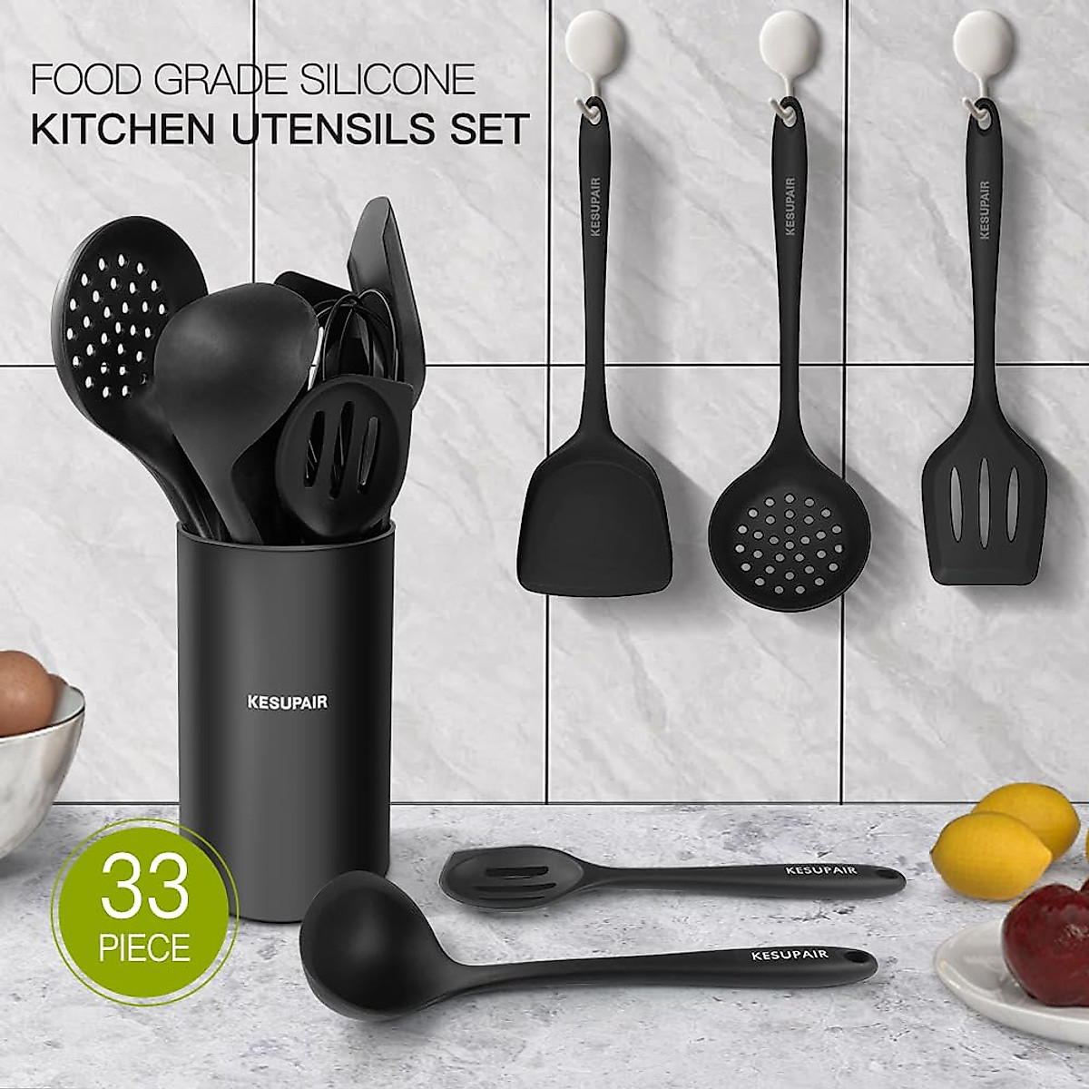 Kitchen Utensils Set - 446°F Heat Resistant Silicone Cooking Utensils Set-Kitchen Tools and Gadgets for Cooking Nonstick Cookware (Black)