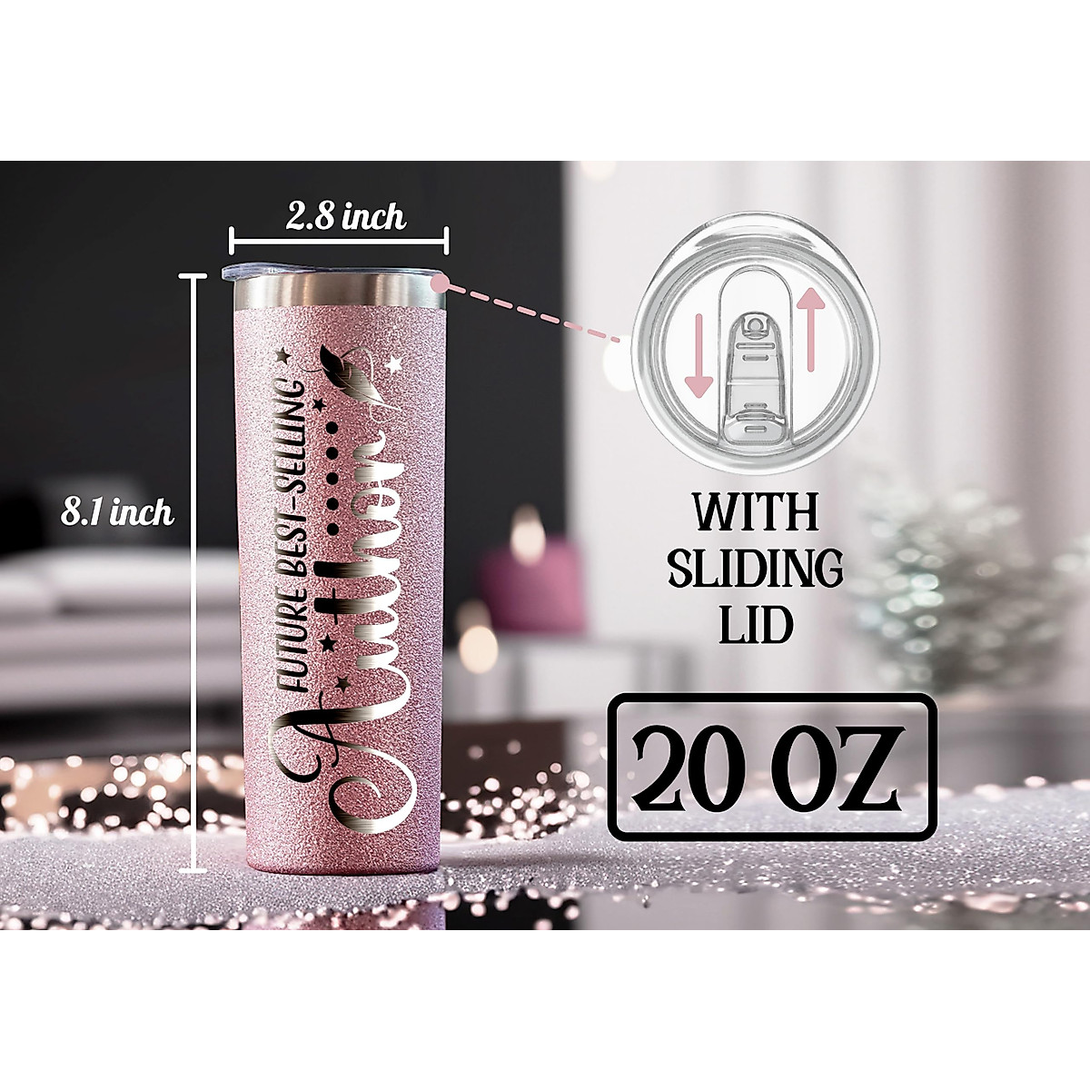 Onebttl Writer Gifts for Women - Future Author - 20oz/590ml Glitter Stainless Steel Insulated Tumbler with Straw - Graduation/Birthday/Christmas Gift for Writers, Novelist - Glitter Pink