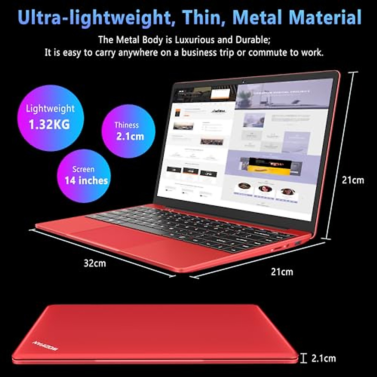 WOZIFAN 14" Laptop 6GB RAM 256GB SSD Traditional Laptops Computer Win 11 Full Metal 2.4G+5G WiFi BT 4.2 1920x1080 FHD with Wireless Mouse for Work Study Entertainment-Red
